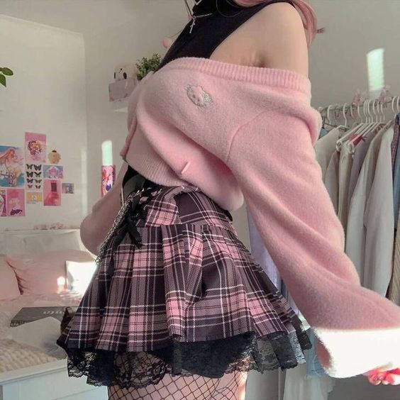 Goth Egirl Pink Plaid Mini Skirt Lace Trim Most Popular Aesthetic Punk